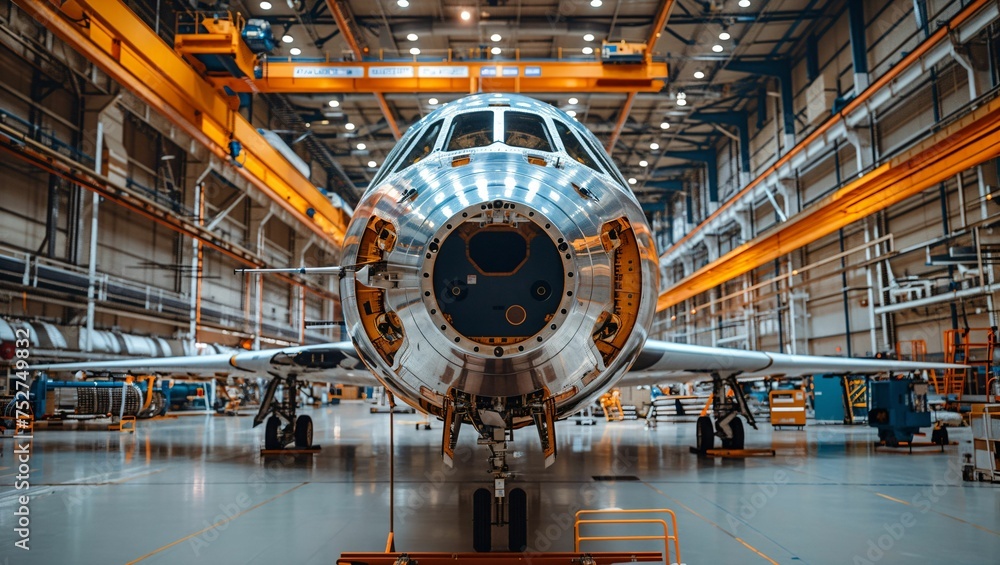 Aerospace engineering facility, spacecraft under construction, pushing ...