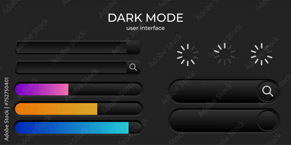 Dark mode ui simple elegant set of buttons, loading, search bar design ...