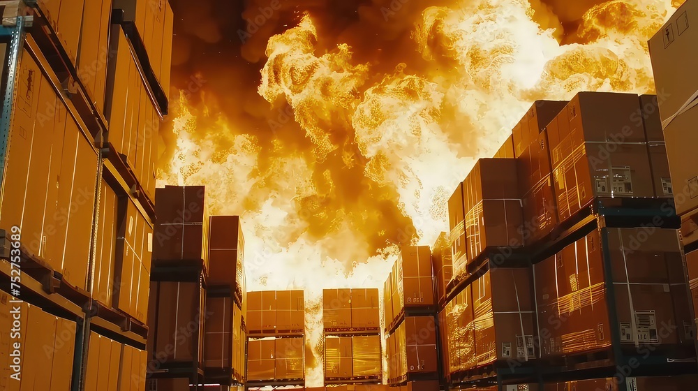 Fire in a warehouse. Thick smoke fills the air, obscuring the once ...