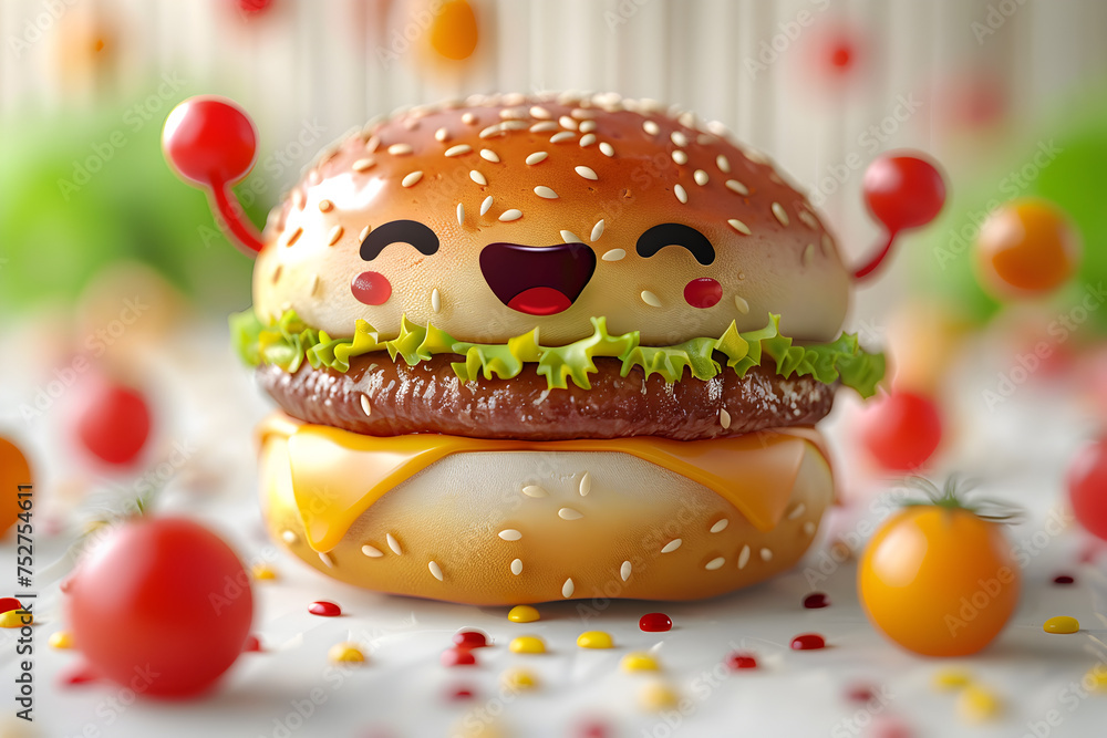 A 3D animated cartoon render of a playful red bean bun jumping in the ...