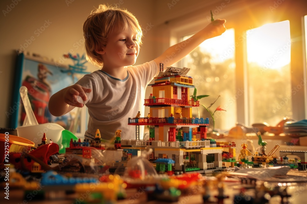 Kid play with lego pieces., Joyous moment of a kid engrossed in play ...