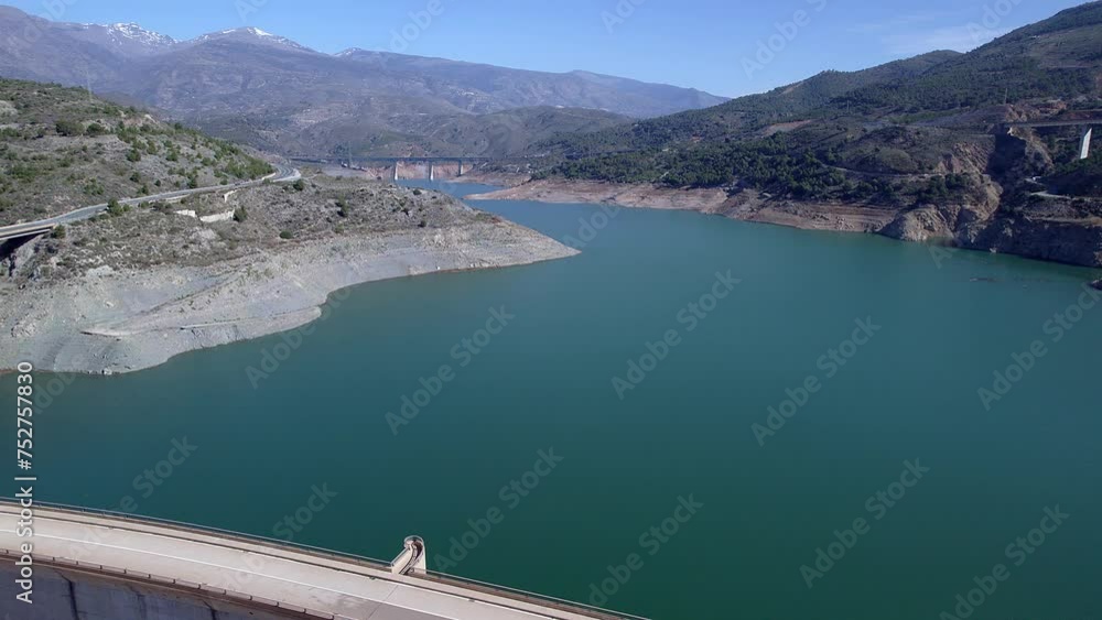 Water reservoir and gravity dam. Panoramic aerial view of the gravity ...