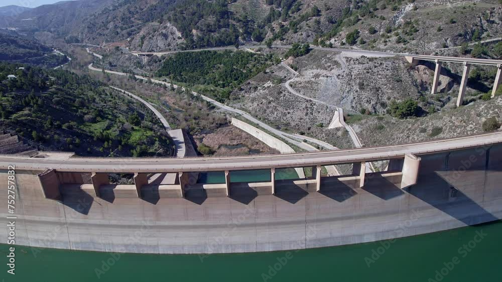 Dam spillway. Dam and water reservoir. Panoramic aerial view of the dam ...
