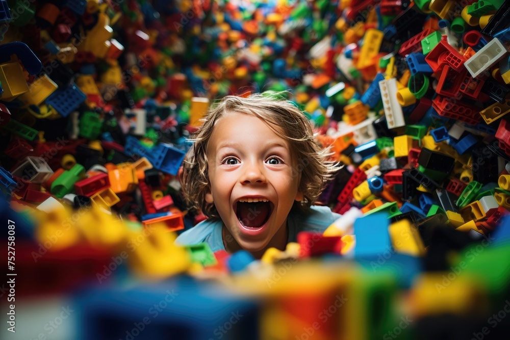 Kid play with lego pieces., Joyous moment of a kid engrossed in play ...