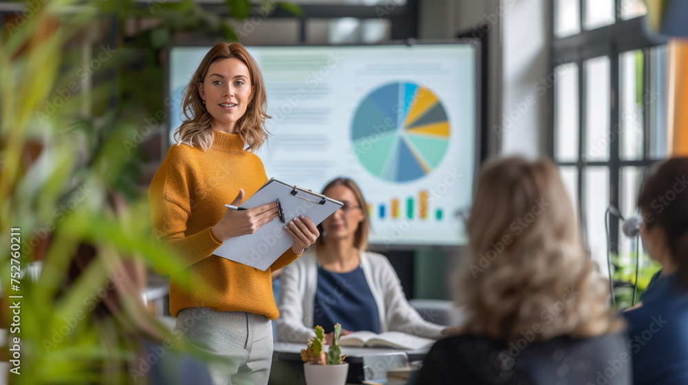 Serious pretty project leader woman talking to employees on meeting ...