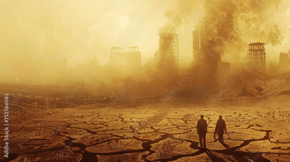 Dystopian Future Two People Walking Through a Desolate Cityscape ...