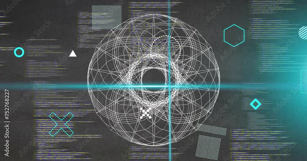 Animation of rotating shapes and blue scanner beams over 3d network and ...