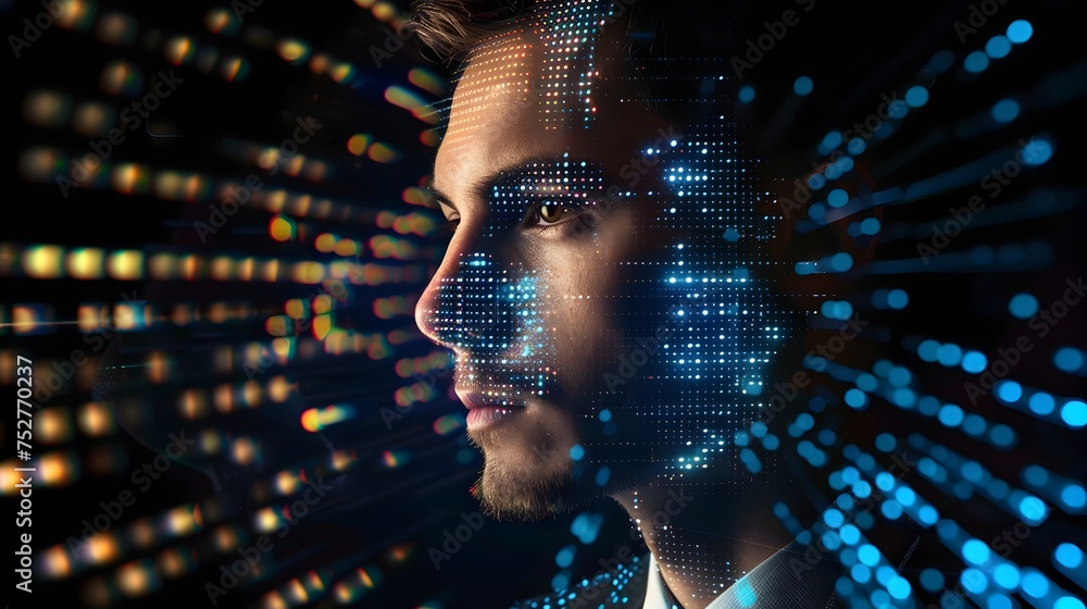 Digital Face Man in Glowing Colors, To convey the concept of modern ...