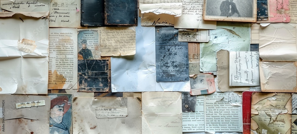Weathered calligraphy and document collage. An assortment of aged ...