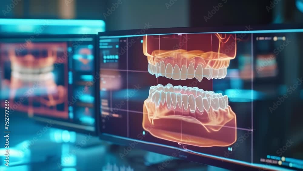Multiple holographic displays show different angles and crosssections of a patients dental ...