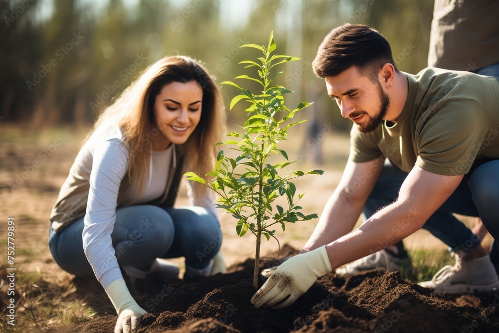 Tree planting, community service and volunteering group in park, garden ...