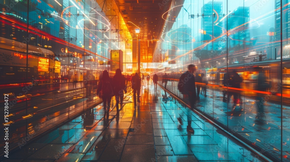 Motion-blurred figures walking on a city street at night, reflecting ...