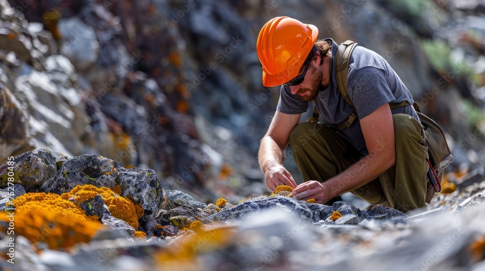 Petroleum geology fieldwork, A geologist in hard hats analysing the ...