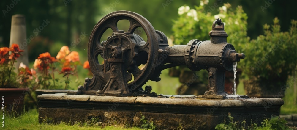 Rustic Water Pump with Wooden Spering Wheel in Vintage Farm Setting ...