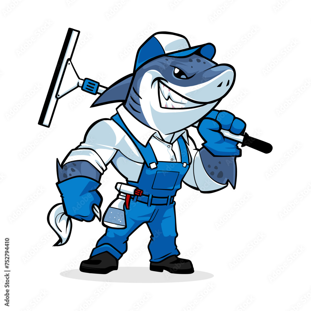 Shark window cleaner cartoon character holding a squeegee . Vector ...