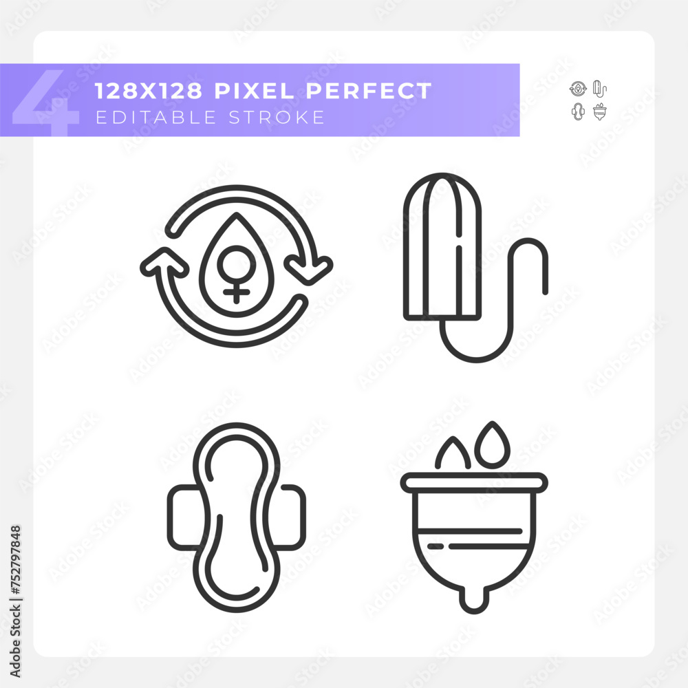 Menstrual hygiene products linear icons set. Period cycle, ovulation ...