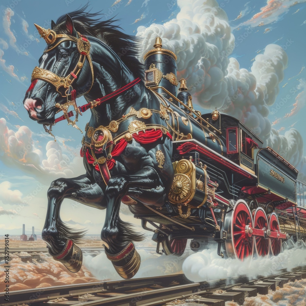 Surreal artwork of a horse-train hybrid blending animal grace with ...