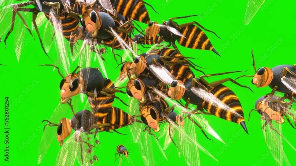 Swarm of wasps attacking you on the chromakey greenback background as ...