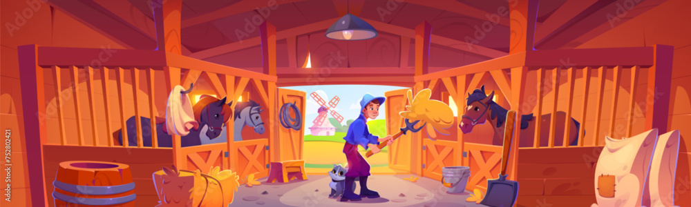 Horse stable with farmer and animals in stall. Cartoon vector of young ...