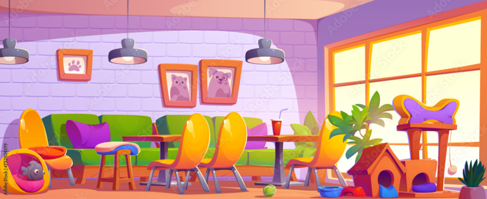 Pet friendly cafe interior design. Vector cartoon illustration of ...