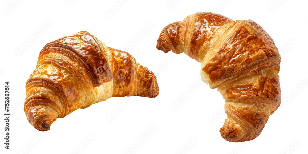 Golden baked croissant, side view and top view, transparent or white ...