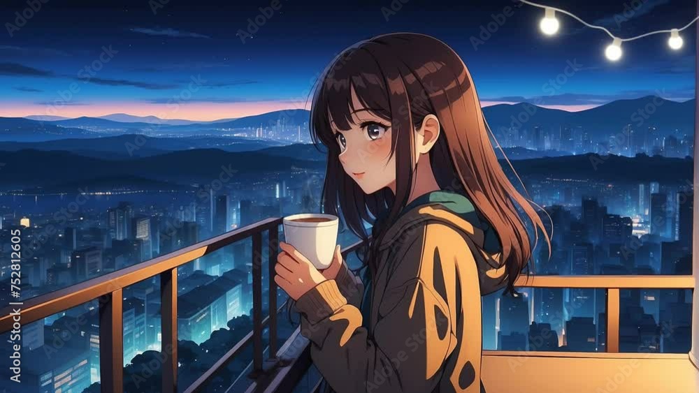 Cute anime girl with coffee drink in balcony. illustration lofi music ...