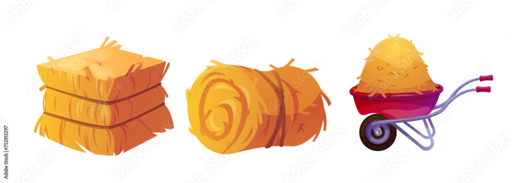 Hay stack in cube block, roll and on red wheelbarrow. Cartoon vector ...