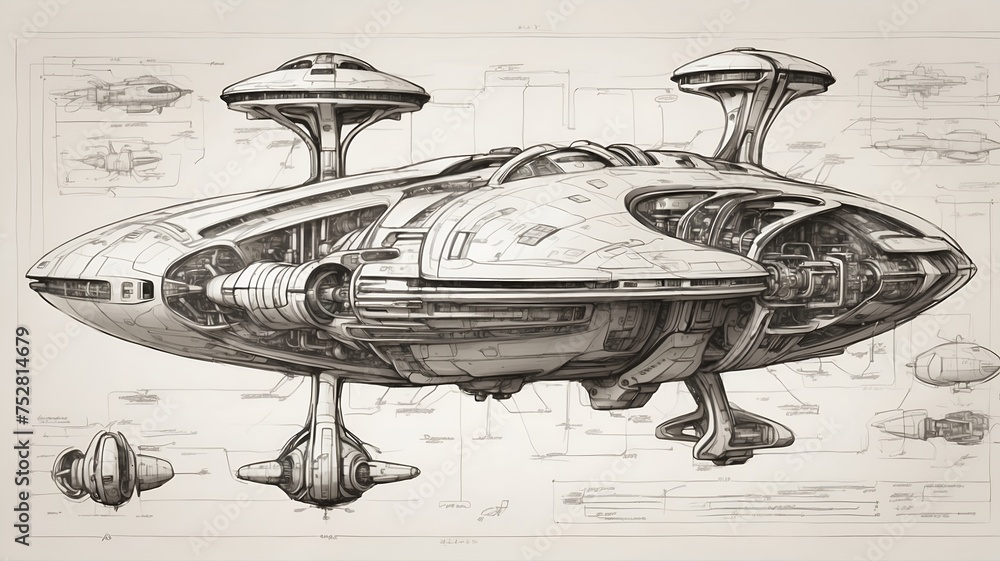 Blueprint of a futuristic spacecraft in 3D style. Perfect design for ...