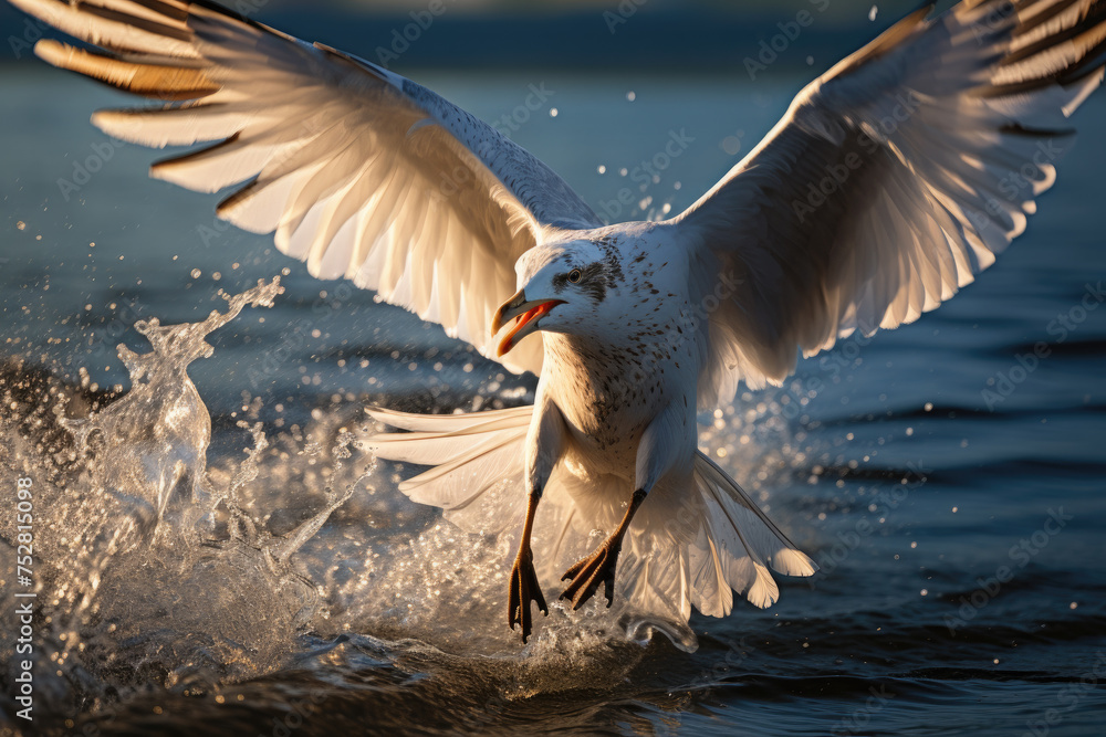 Seagull taking off from water surface during sunset. Wildlife and ...