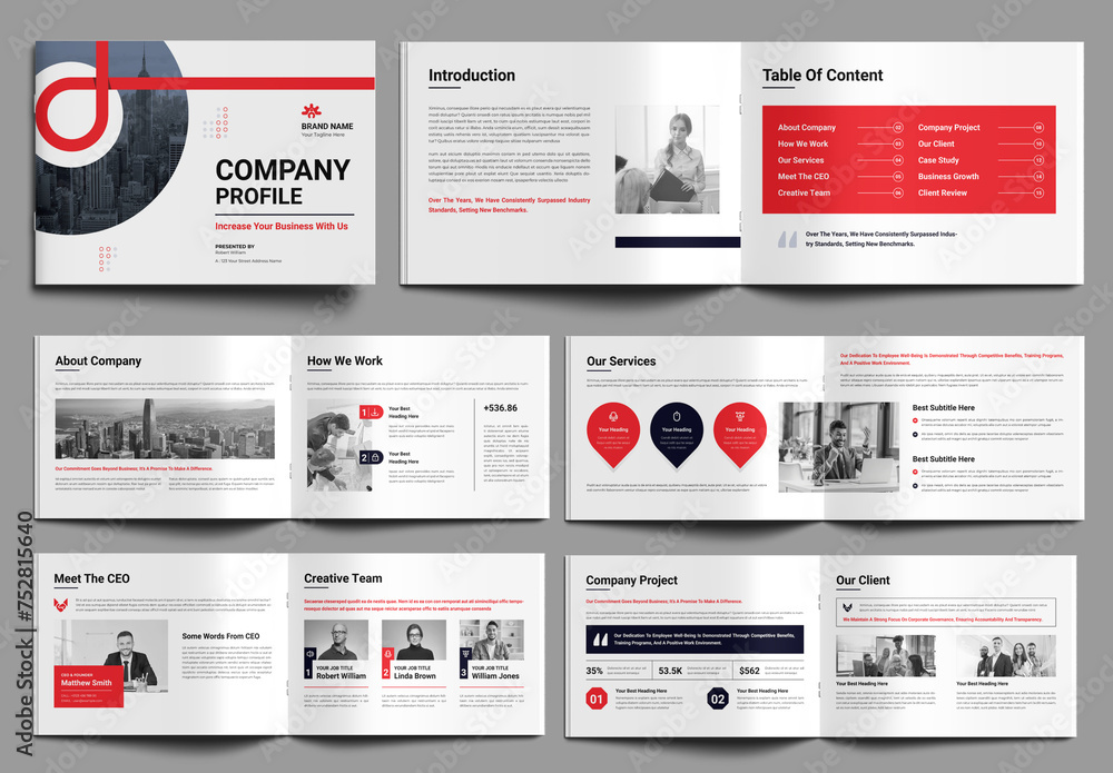 Company Profile Layout With Red Accents Landscape Stock Template ...