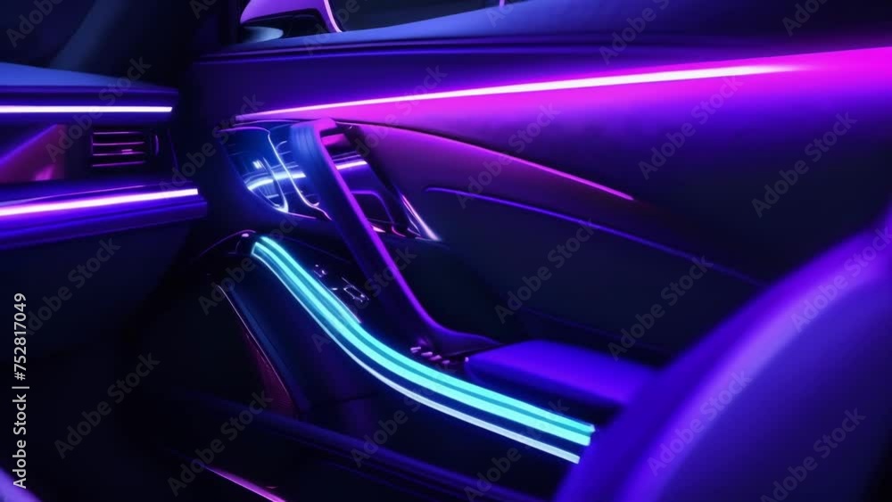 A tight shot of the interior of the car shows a subtle purple neon ...