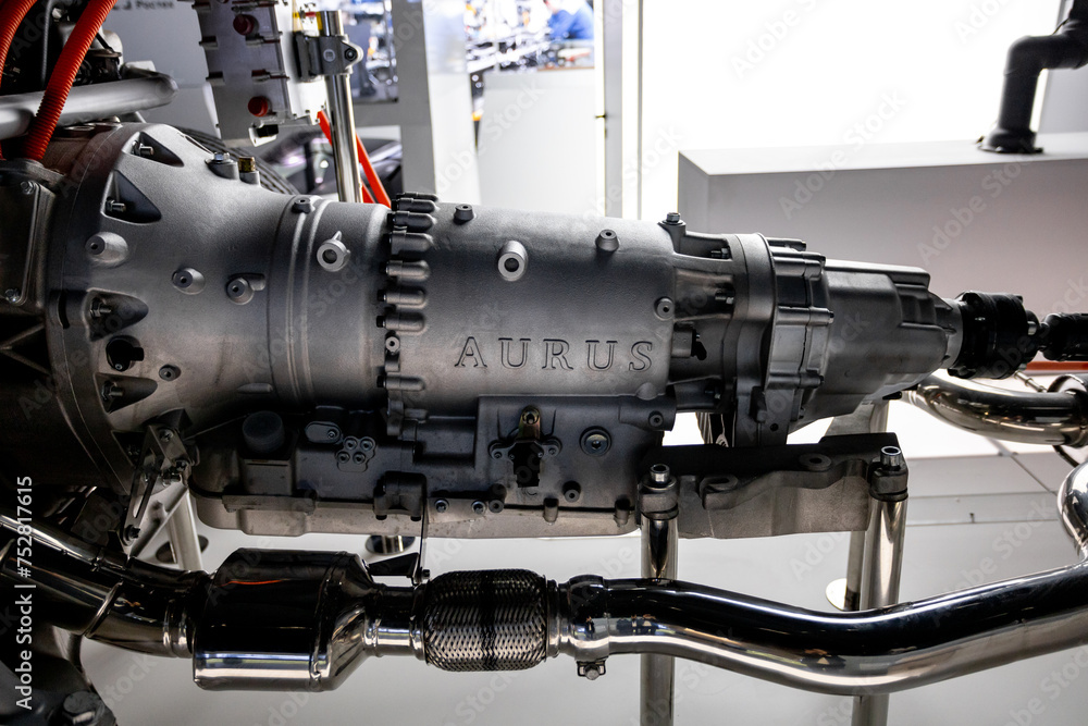 Russia, Moscow, VDNH Detail of the internal combustion engine of a ...