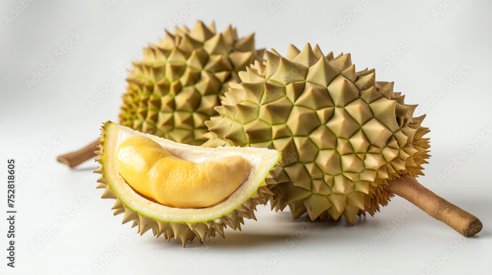 Durian fruit isolated on a white background. The durian is distinctive ...