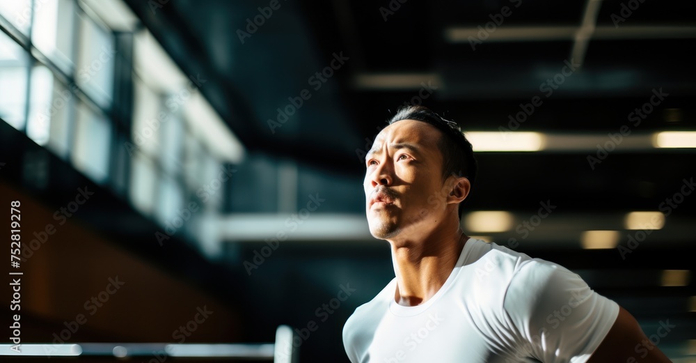 shot of a determined athlete's face, sweat glistening, lifting weights ...