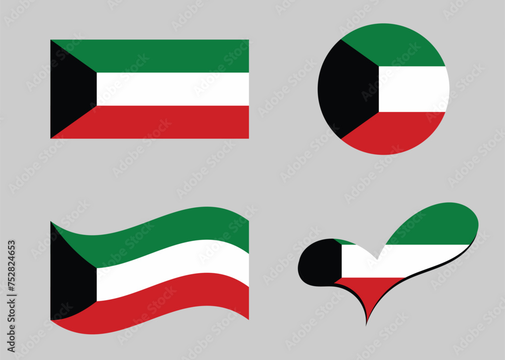 Kuwait flag. Flag of Kuwait in heart shape. Kuwait flag in circle shape ...