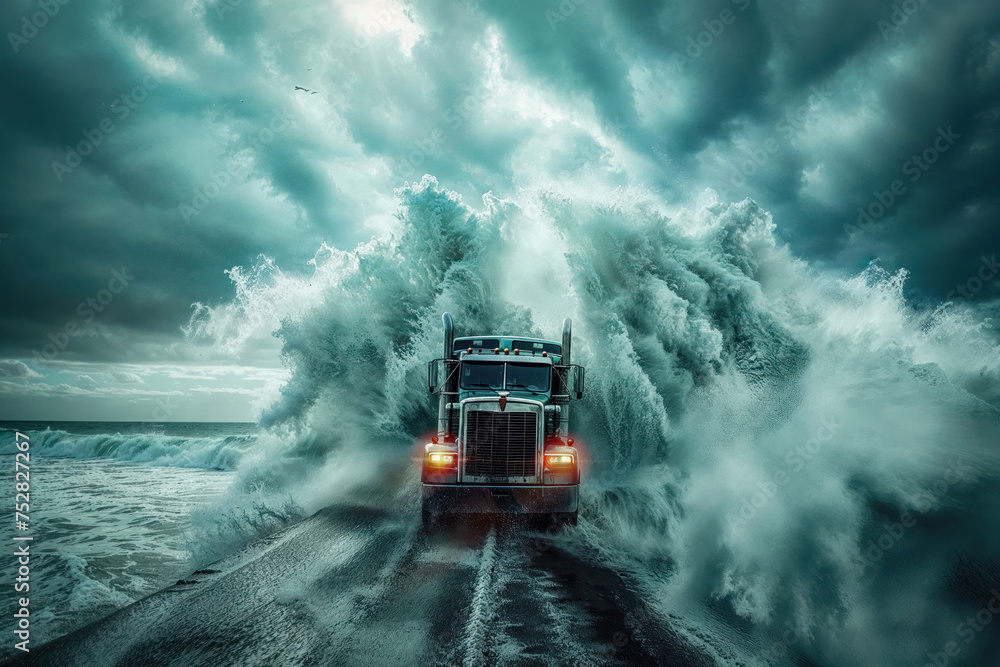 An impactful composition of a semi-truck enveloped by aggressive sea ...