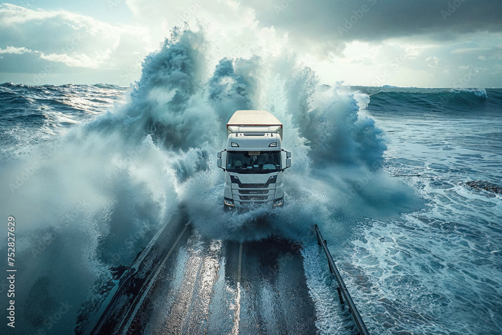 An impactful composition of a semi-truck enveloped by aggressive sea ...