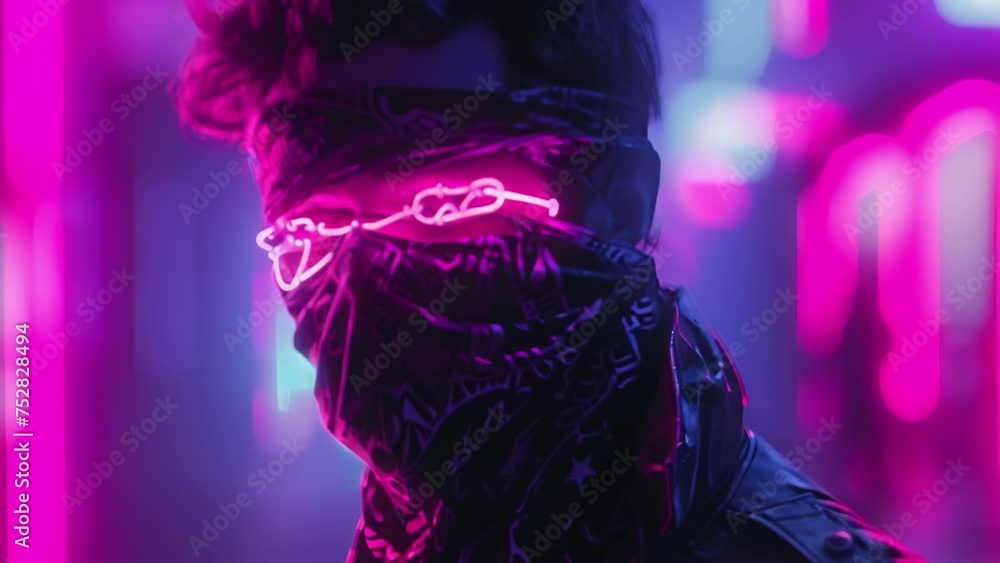 A menacing hologram of a rebel with a bandana covering their face lit ...