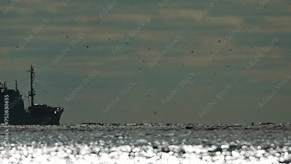 Vidéo Stock Big fishing boat trawling and catching fish as it crosses ...