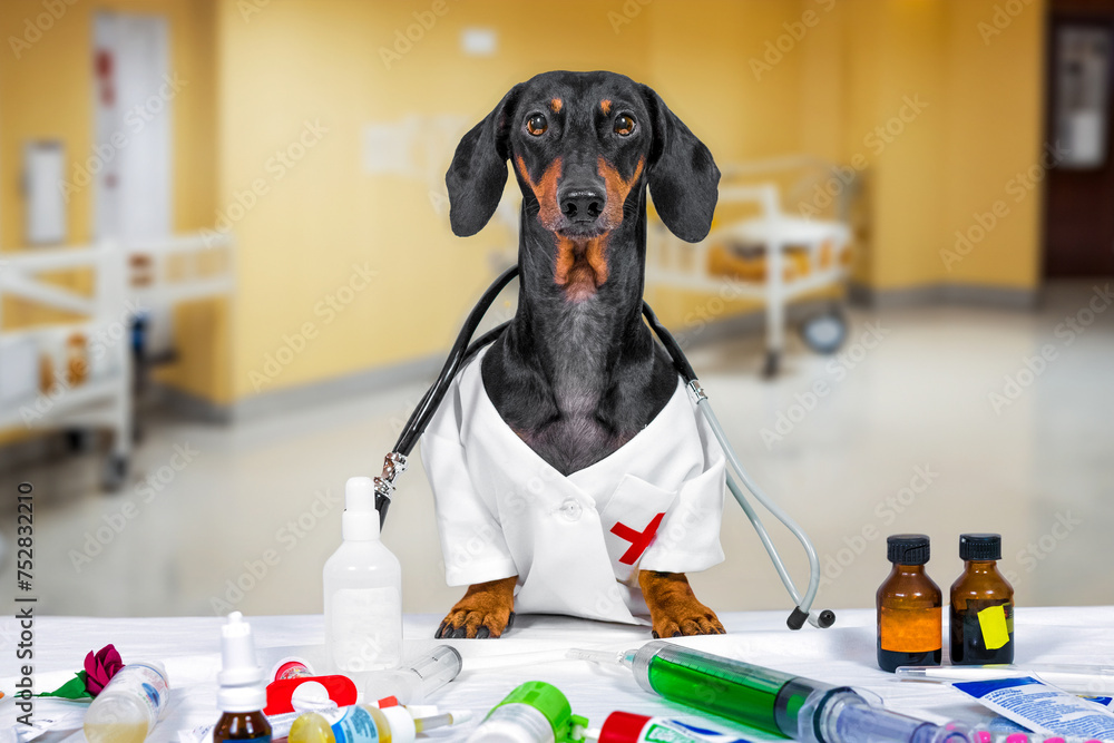 Dachshund dog on duty, nurse with stethoscope on her neck, walks around ...
