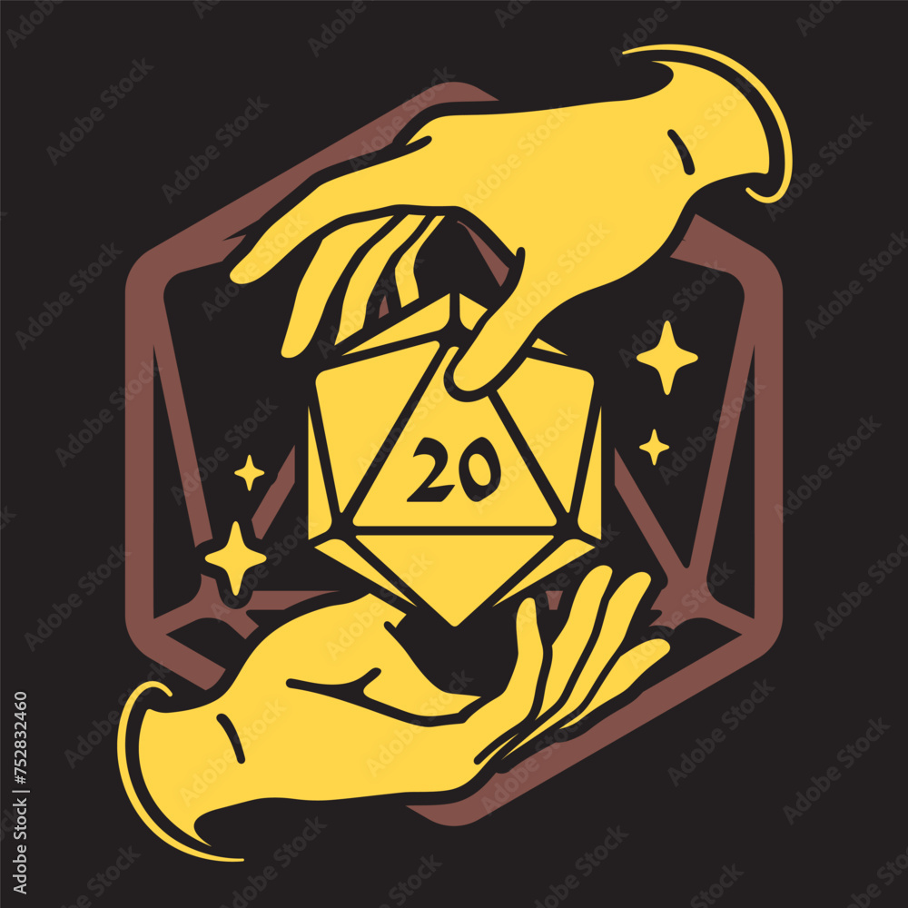 Hands Around D20 Dice That Floating in the Air. Vector Illustration in ...