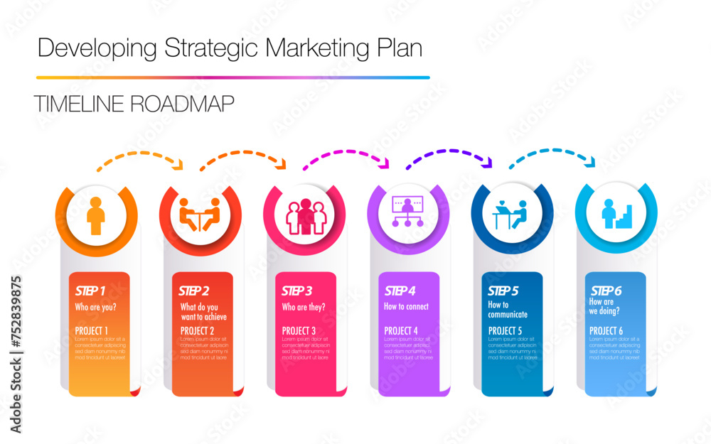 Vetor de Infographic 6 step develop marketing strategic plan and road ...