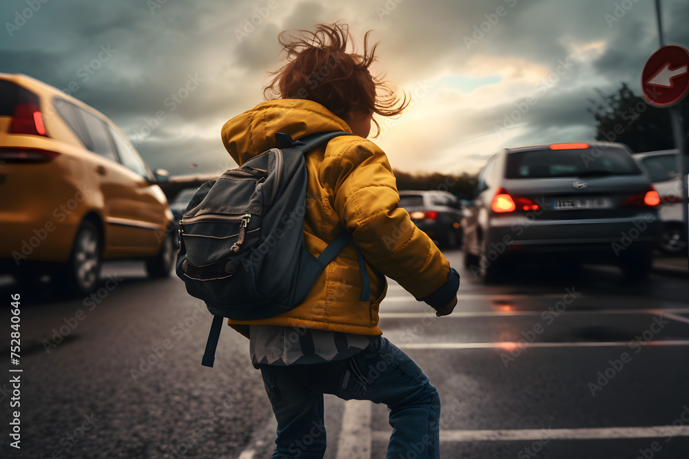 Schoolboy scared face with a backpack crosses a dangerous section of ...