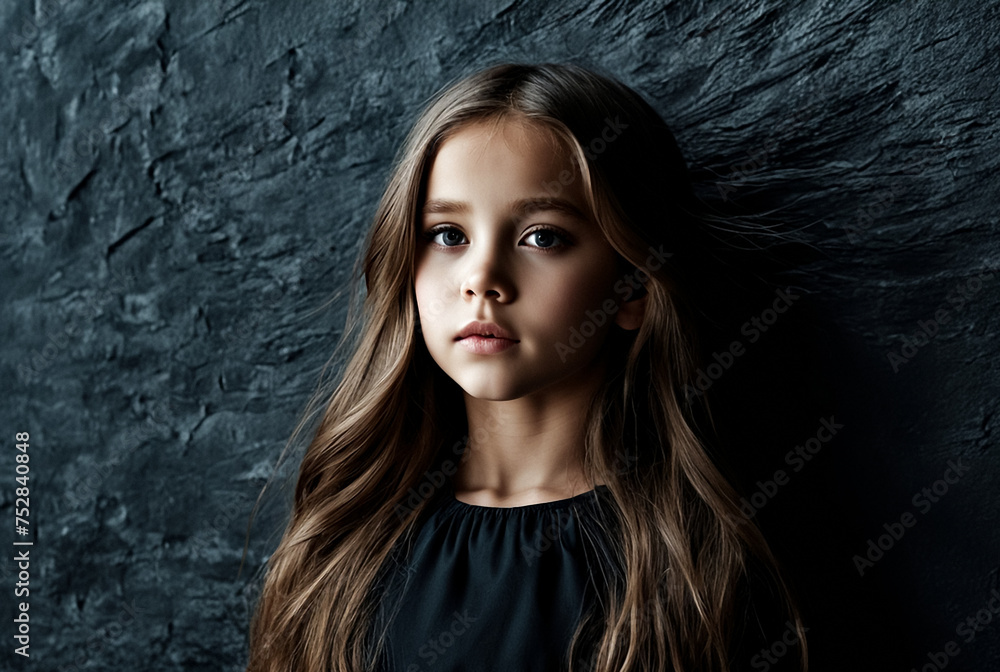 Cute kid model with long hair blowing in wind at dark textured wall ...