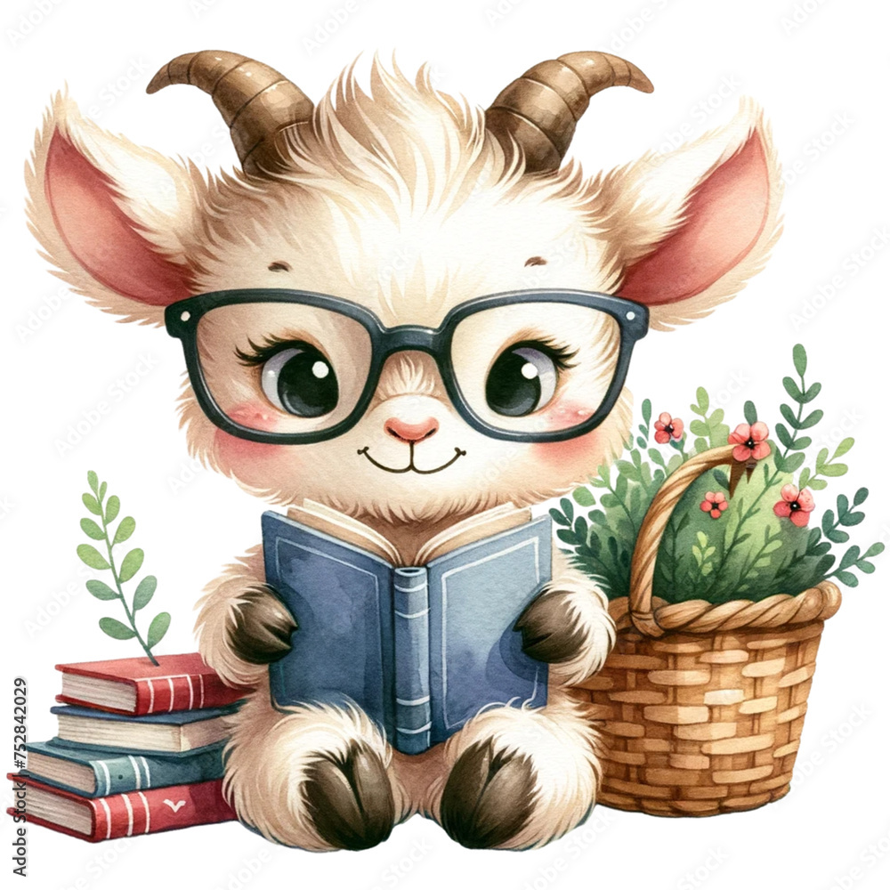 cute watercolor animals reading a book, world reading book day, cute ...