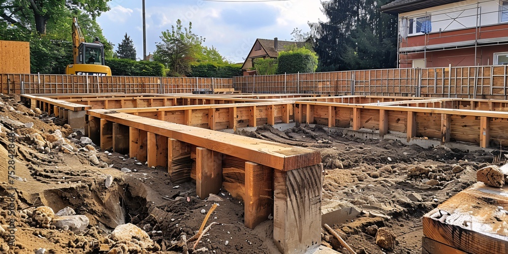Constructing a temporary wooden beam at the building site, reinforced ...