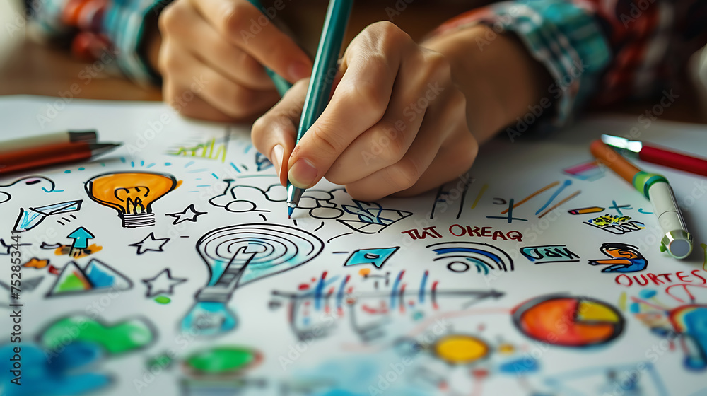 Zoomed-in image of a hand crafting a mind map on sustainable practices ...