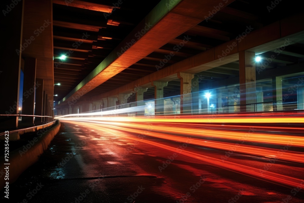 Highway Overpass: Car lights under an overpass creating streaks. Stock ...