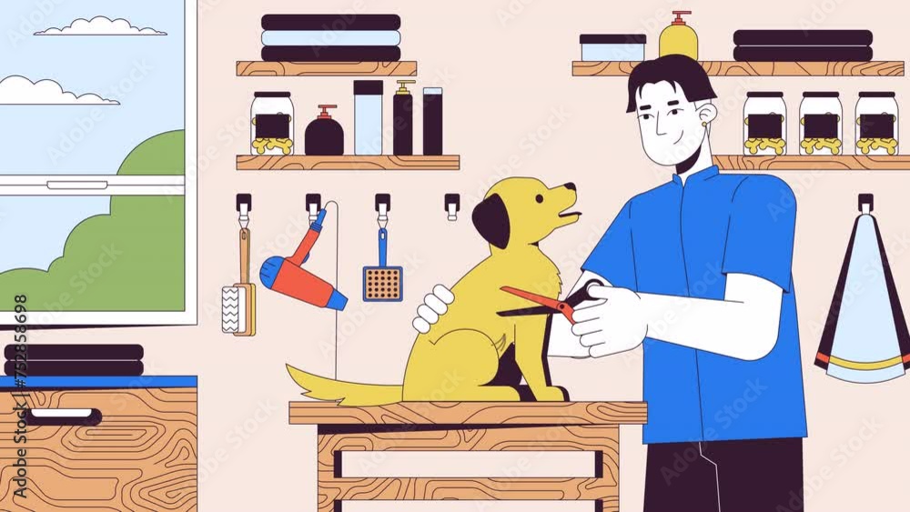 Dog grooming service line cartoon animation. Small business pet spa ...