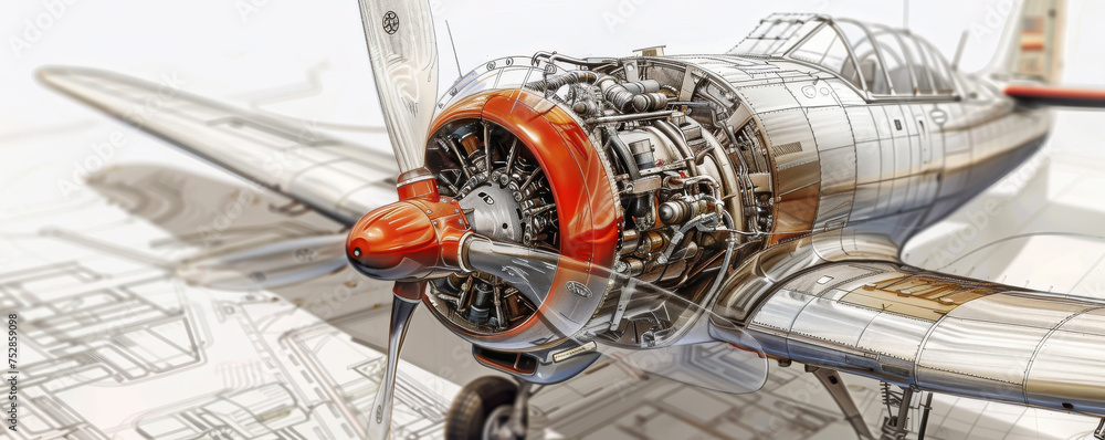 A detailed engineering illustration of an aircraft motor focusing on ...